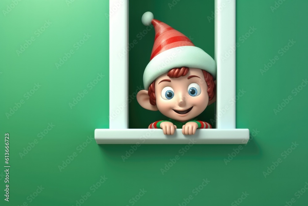 Cute Cartoon Christmas Elf in a Window with Space for Copy Stock ...