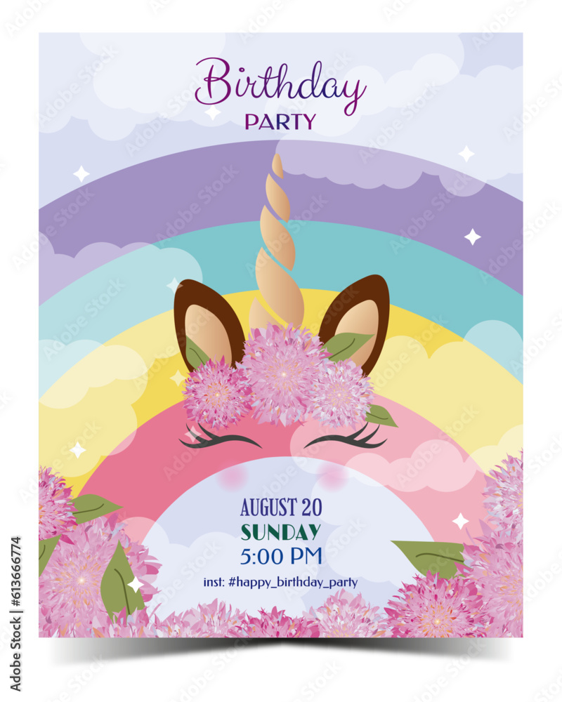 Cute unicorn invitation with flowers and rainbow. Ready to print ...