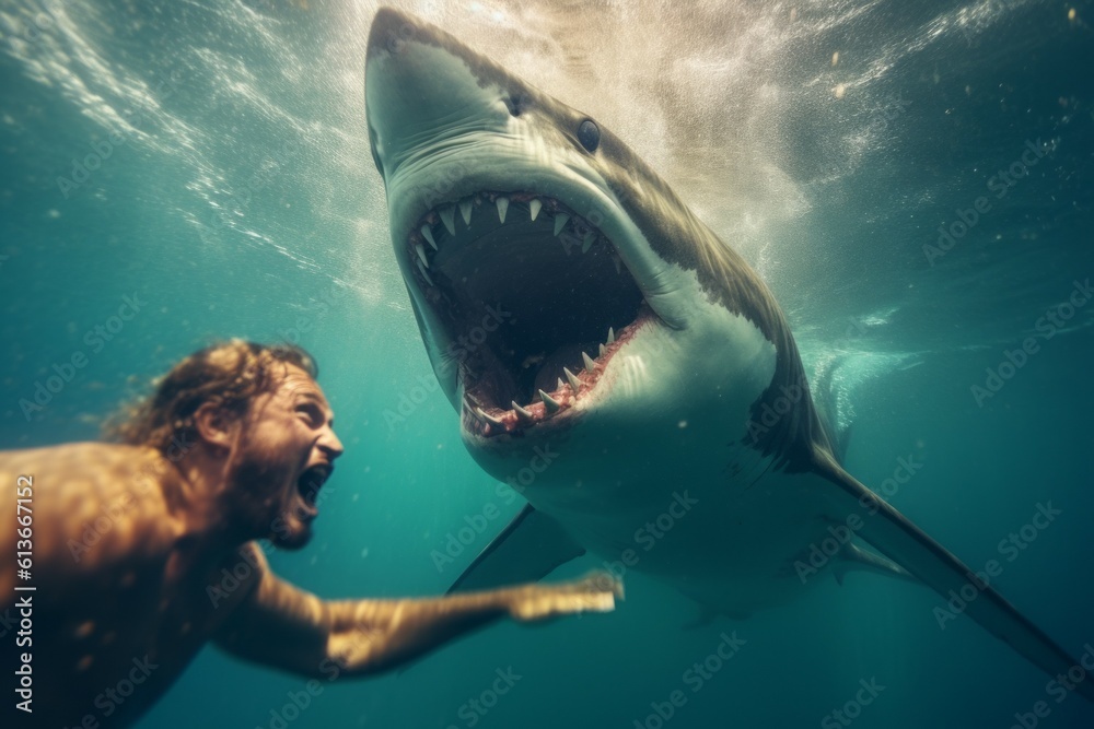 Shark attack on a man in the open sea. The concept of danger for the ...