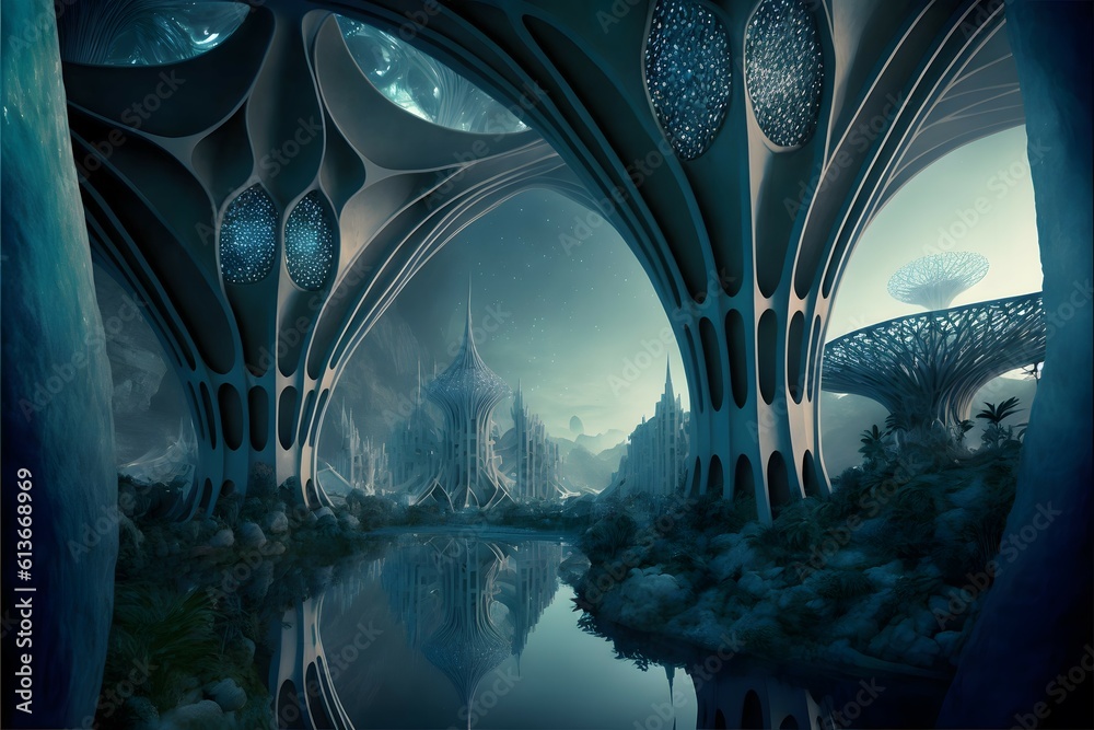 ancient alien CITY carved out of a giant ancient cavern, ultra modern ...