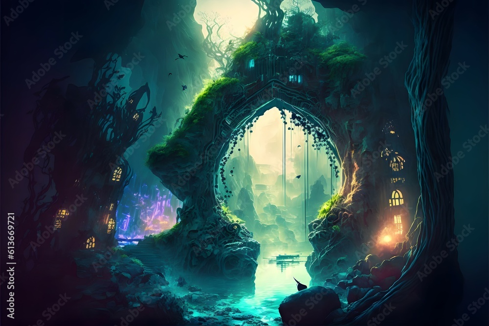 ultra modern alien split-level city carved out of a giant ancient ...