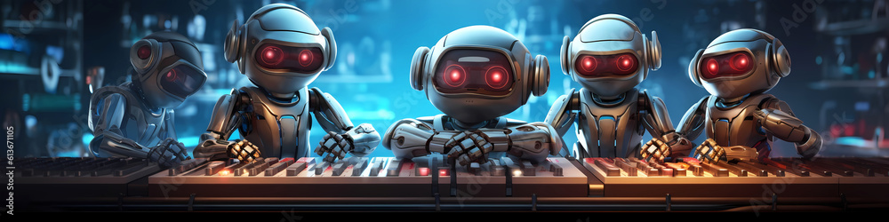 Five Robots with Glowing Red Eyes in Front of a Keyboard, Illuminated ...