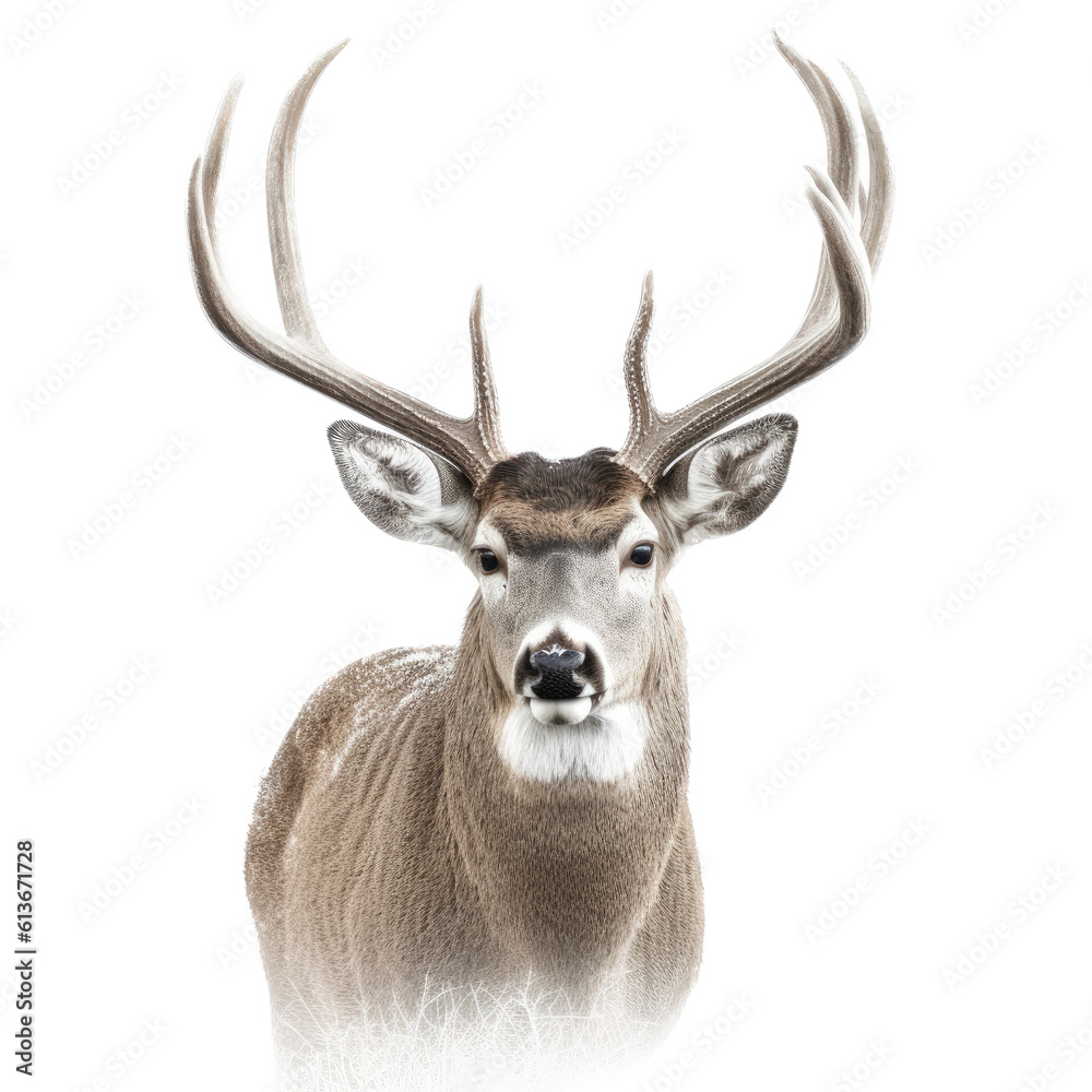 a Mule Deer buck portrait with antlers, front view, in an isolated and ...