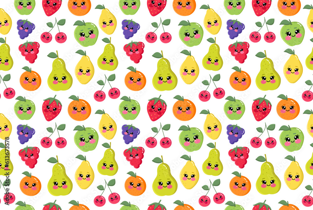 Cute kawaii fruits seamless pattern for kids on white isolated ...