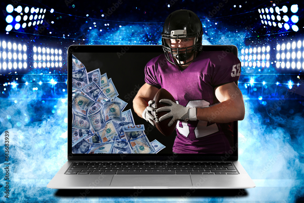 Sports betting. American football player with ball appearing from ...