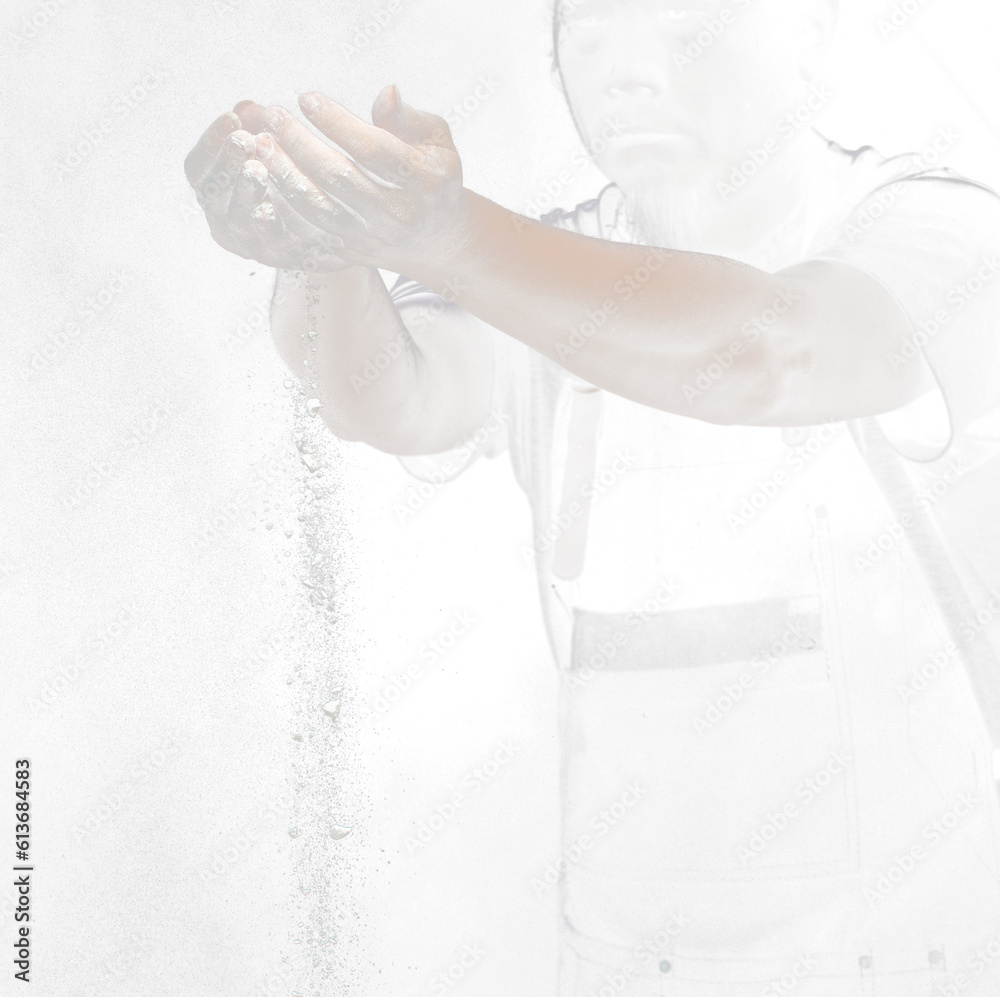 Chef prepare white flour dust for cooking bakery food. Elderly man Chef ...