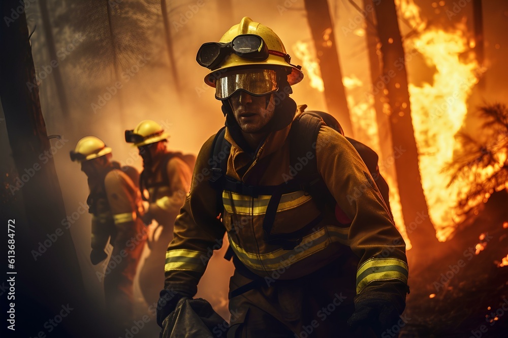 Squad of volunteer firefighters with safety equipment and uniform ...