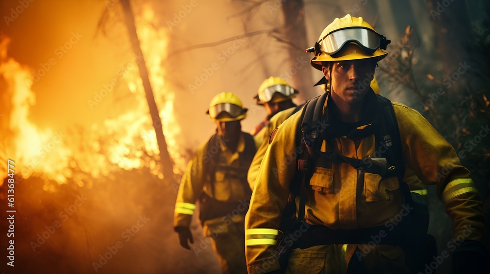 Squad of volunteer firefighters with safety equipment and uniform ...
