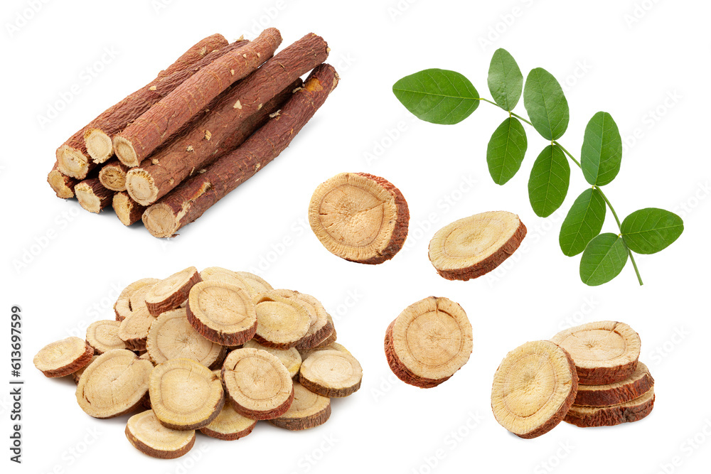 set of herbal medicine licorice root sticks and slices with leaf ...