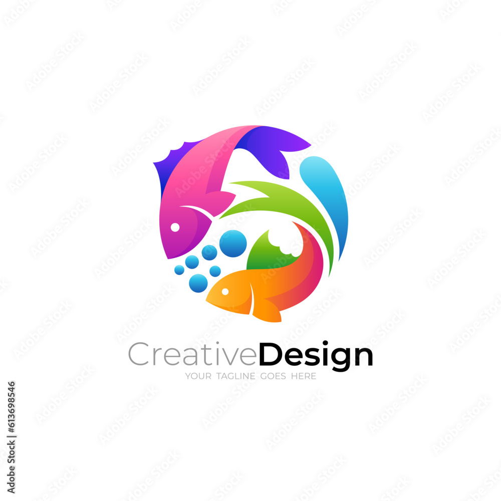 Double fish logo with circular design template, 3d colorful Stock ...