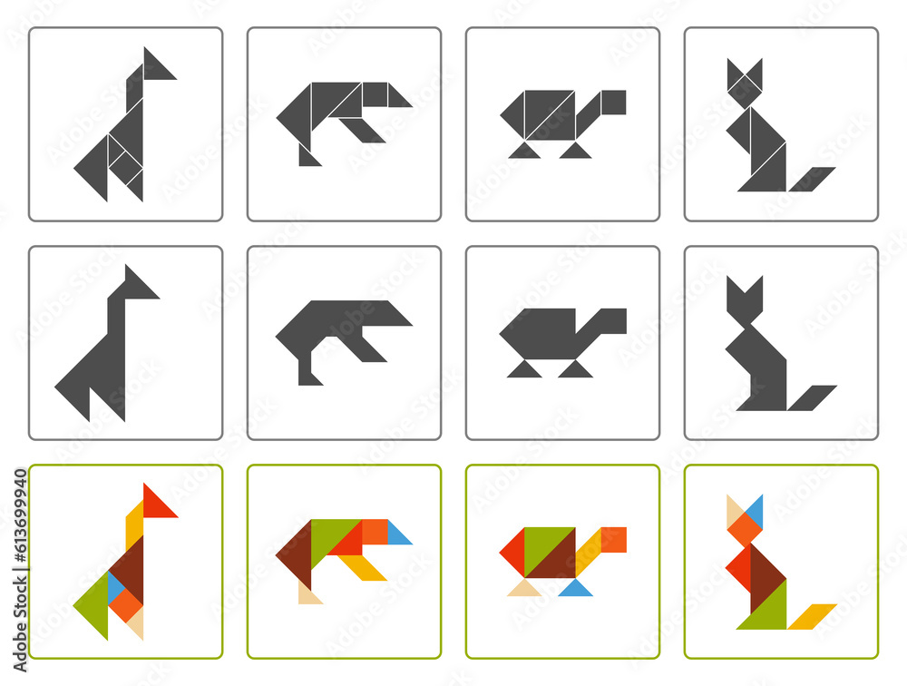 Tangram puzzle for kids. Set of tangram animals. Stock Illustration ...