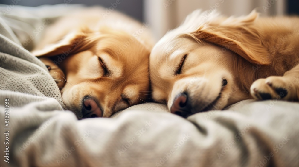 Two cute dogs cuddling and sleeping together on a bed. Generative AI ...