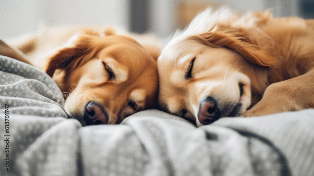 Two cute dogs cuddling and sleeping together on a bed. Generative AI ...