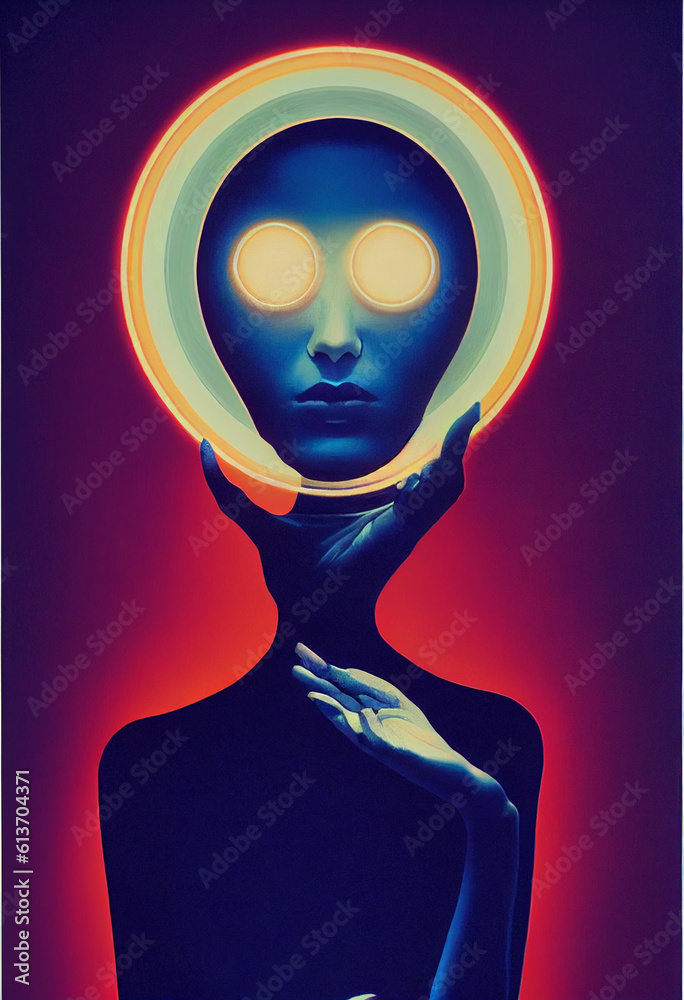 The portrait of the woman with many glowing hands showing her face ...