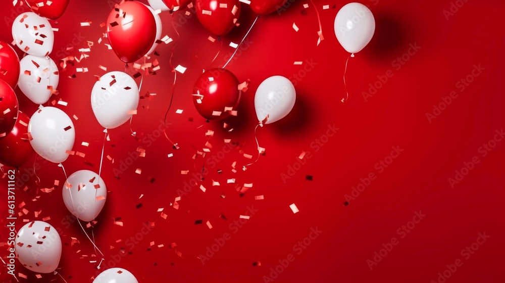 White and red balloons in red isolated background with confetti. AI ...