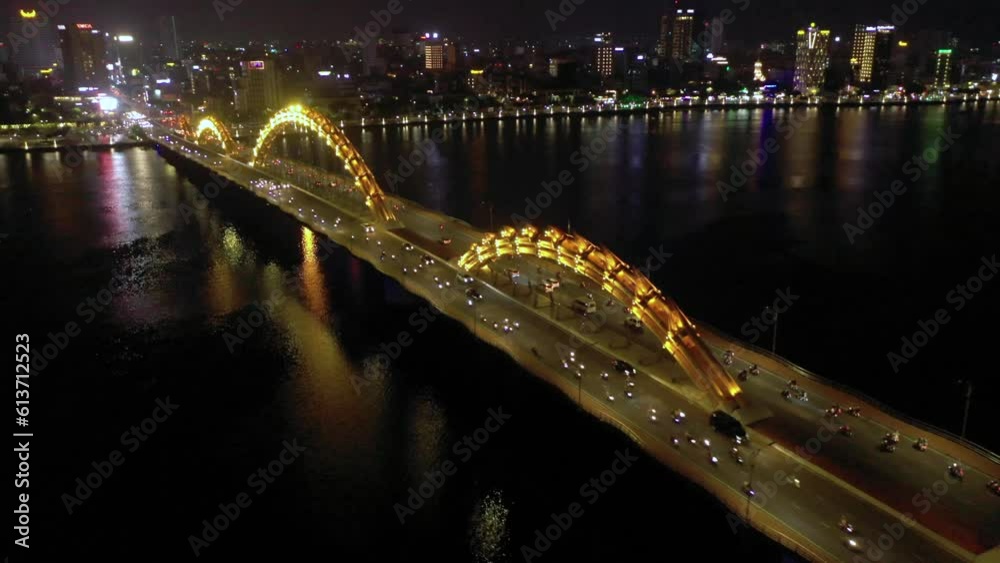 Amazing colorful aerial of iconic Dragon Bridge Cau Rong, traffic and ...