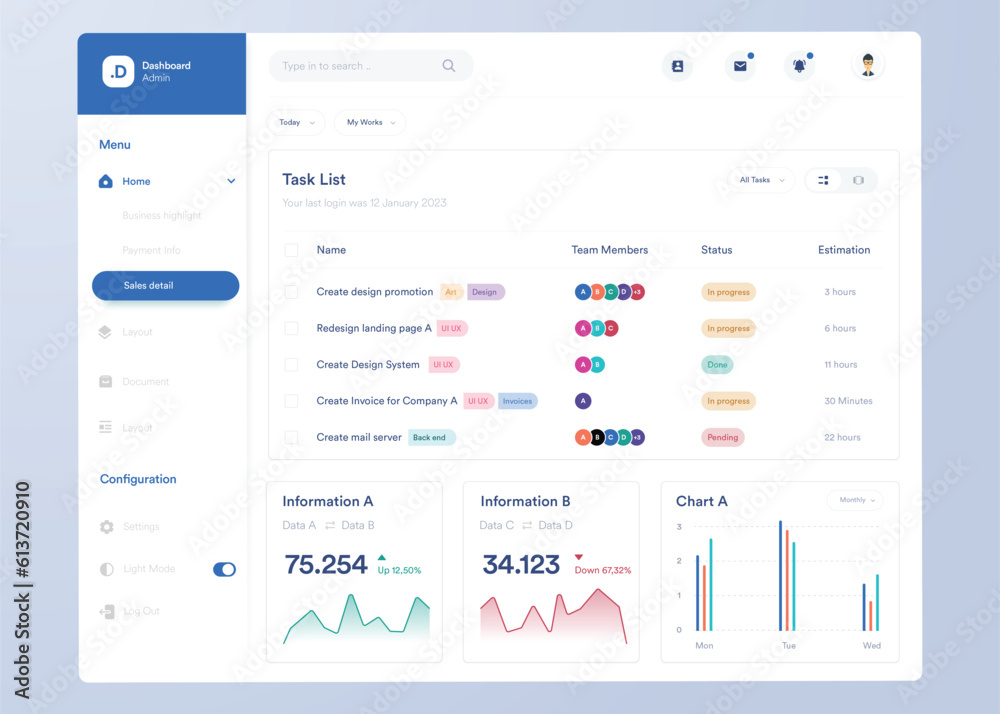 Infographic dashboard. UI design with graphs, charts and diagrams. Web ...