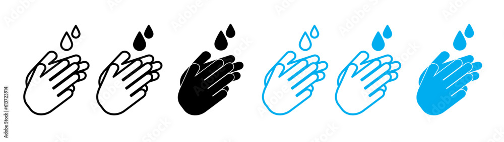 Wash hand icon set in black and blue color. Sanitize your hands ...