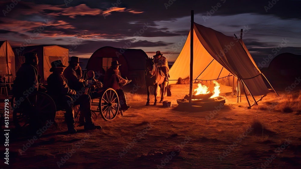A crackling campfire in a cowboy camp, the silhouettes of covered ...