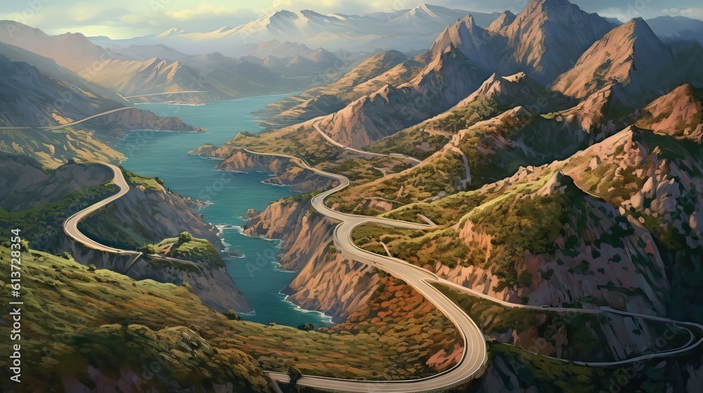 An awe-inspiring aerial view of a winding road cutting through ...