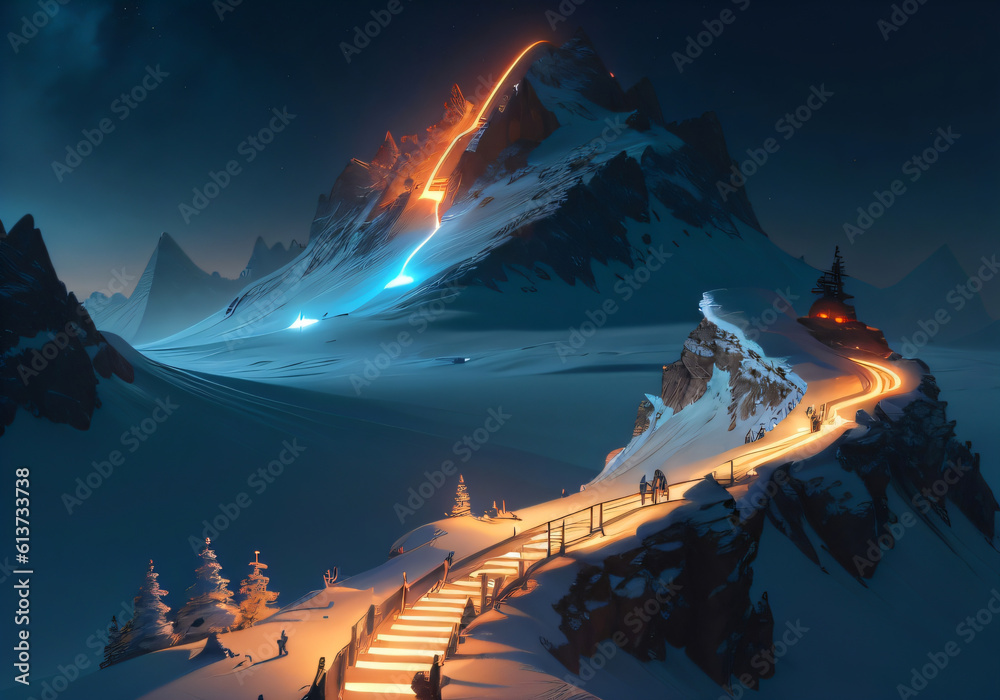Path to success concept, with glowing light path going up the mountain ...