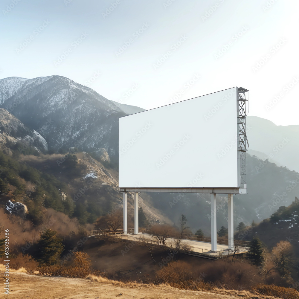 Blank billboard road side mockup, empty white space in desert mountain ...