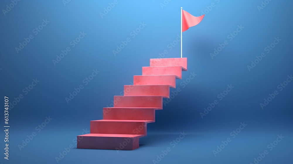 Upward steps leading to a flag at the top. Growth concept, signifying ...