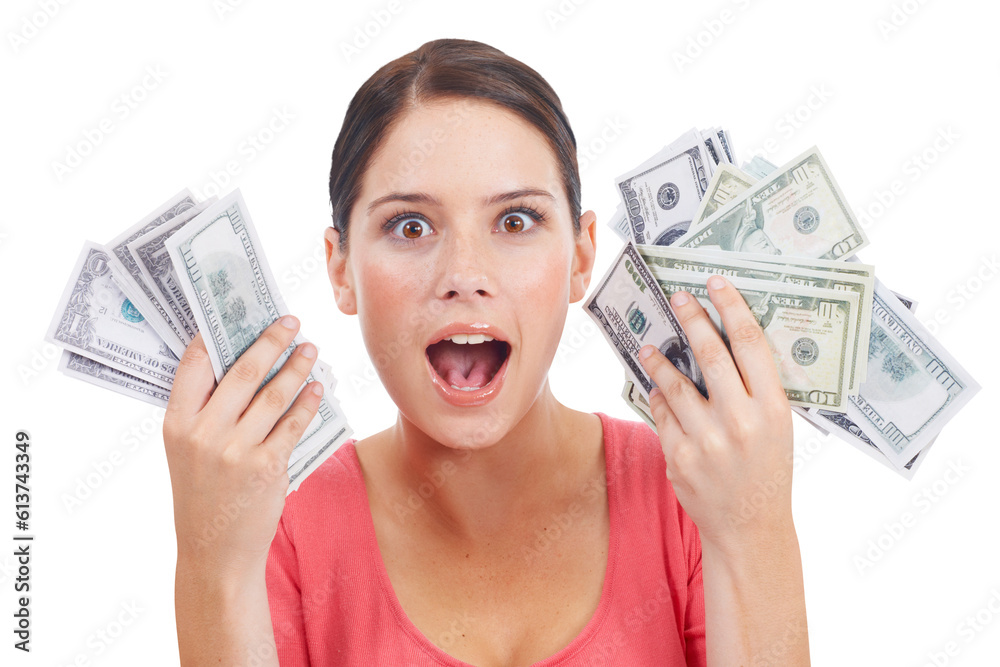 Shocked woman, money and surprise in financial freedom or savings ...
