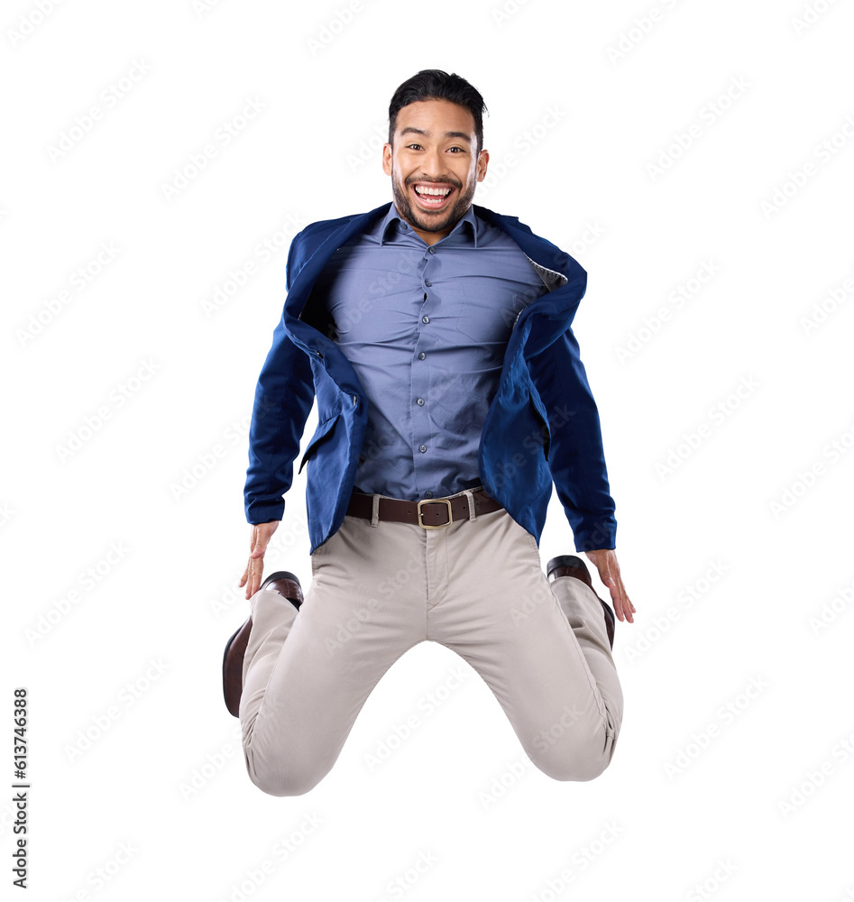 Portrait, energy and a business man jumping isolated on a transparent ...