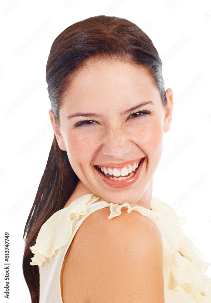 Portrait, beauty and funny with a woman laughing isolated on a ...