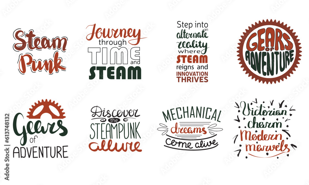 Set of steampunk phrases. Handwriting collection of quotes about gears ...