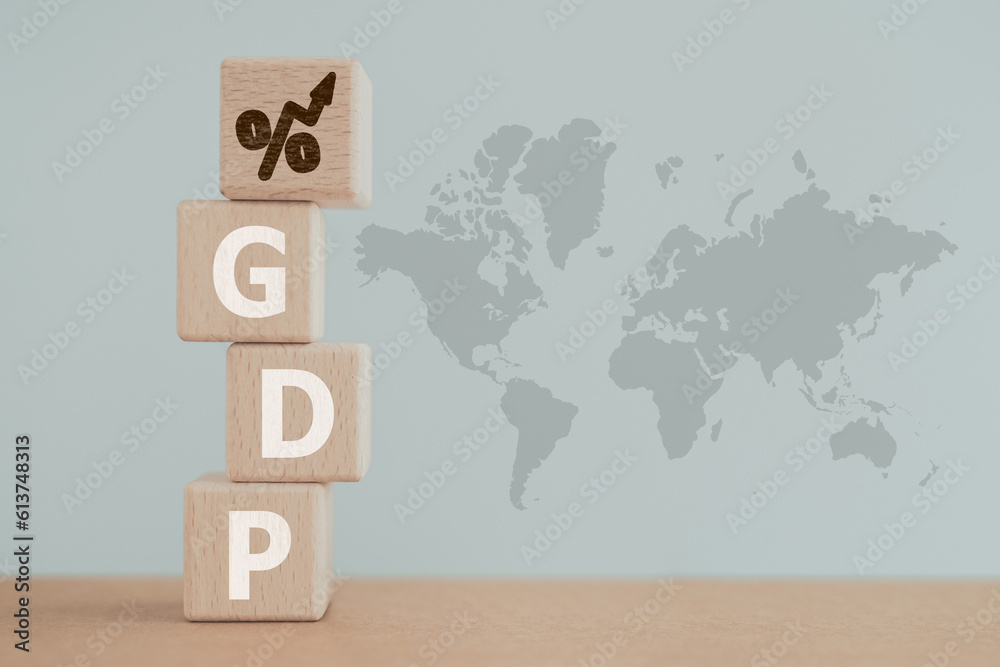 For global economy GDP text, gross domestic product , on stack of ...