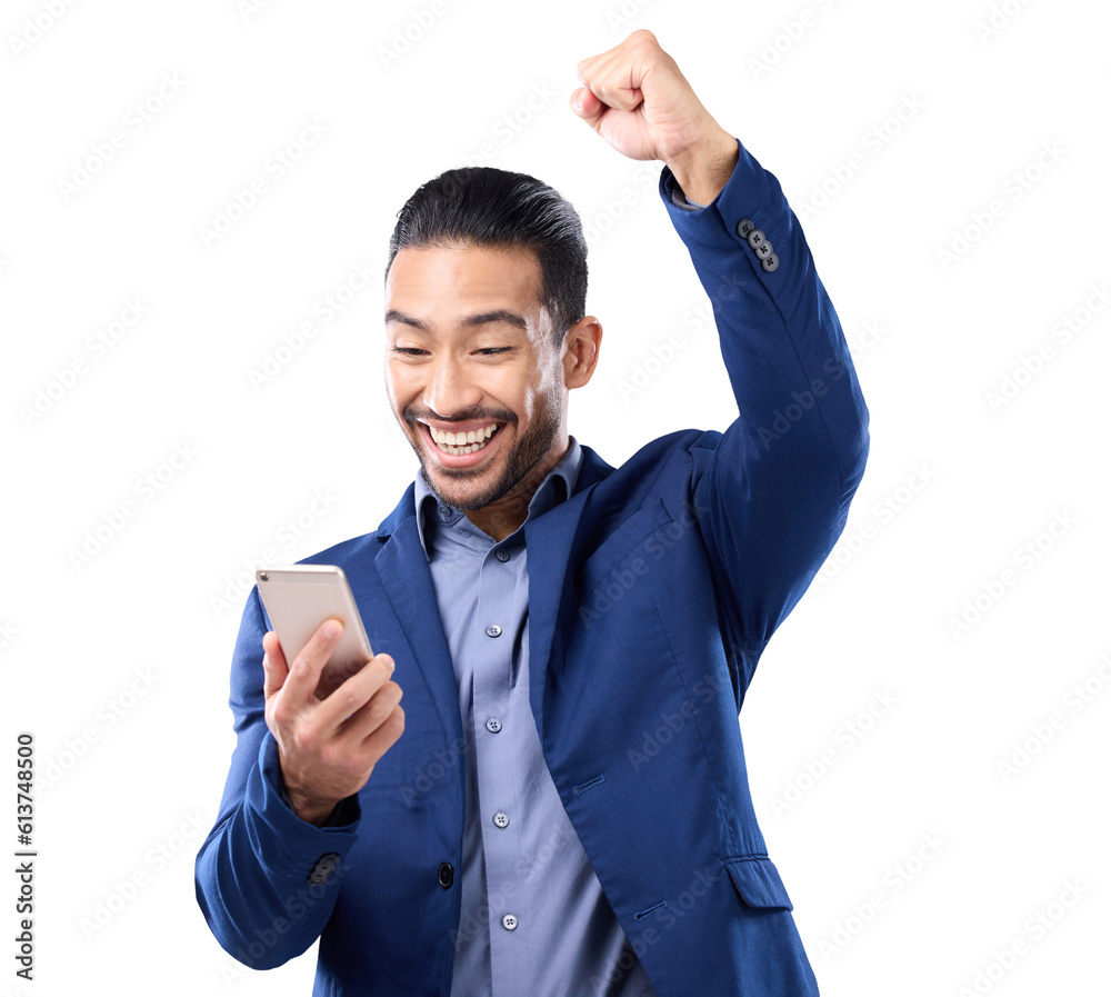 Winner, phone and business man success, yes or celebration of profit ...