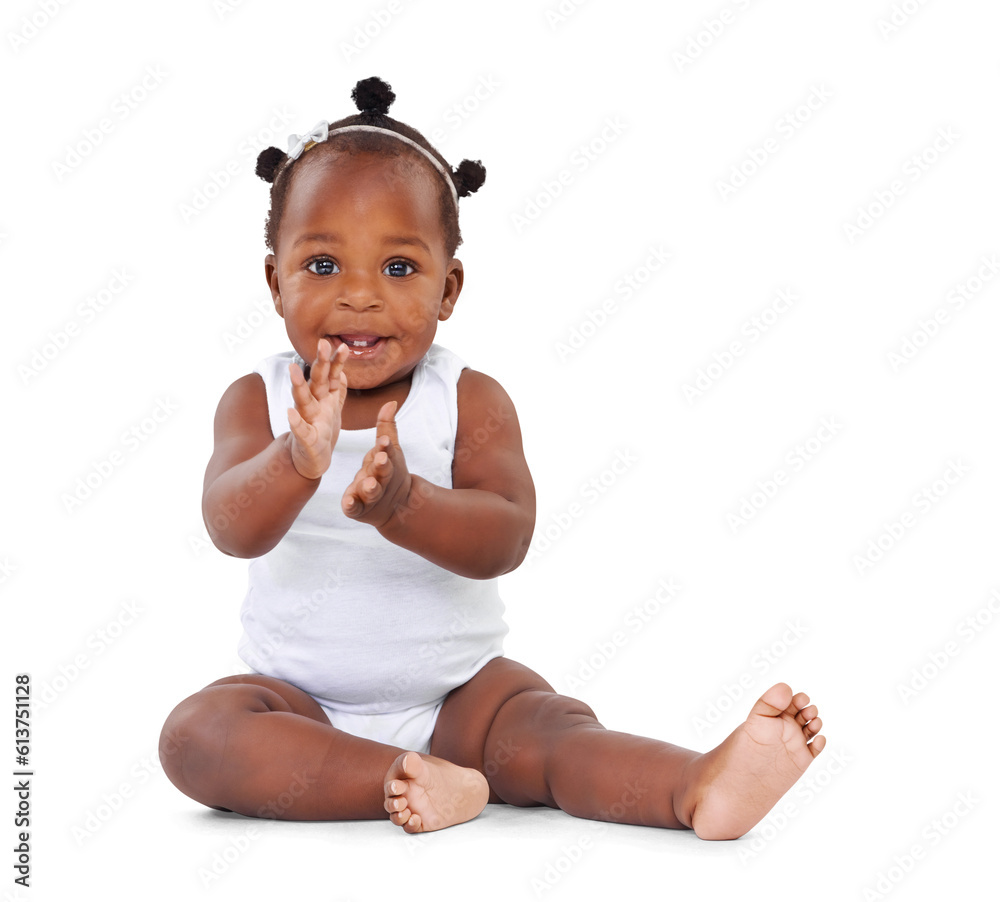 Happy, portrait and baby clapping hands for child development, growth ...