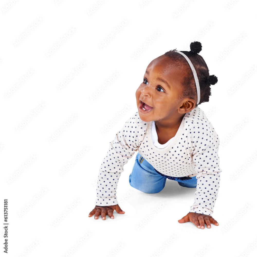 Cute, small and happy with baby crawling on transparent background for ...