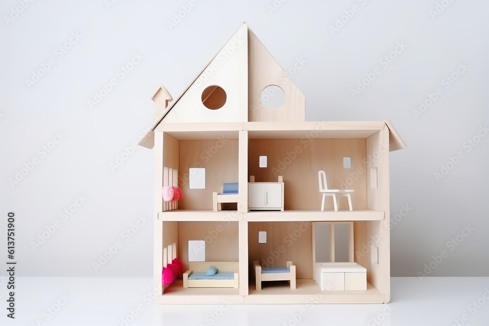 Miniature model of open toy doll house isolated on a flat white ...