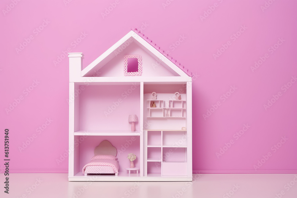 Simple Miniature model of a toy doll house isolated on a flat pink ...