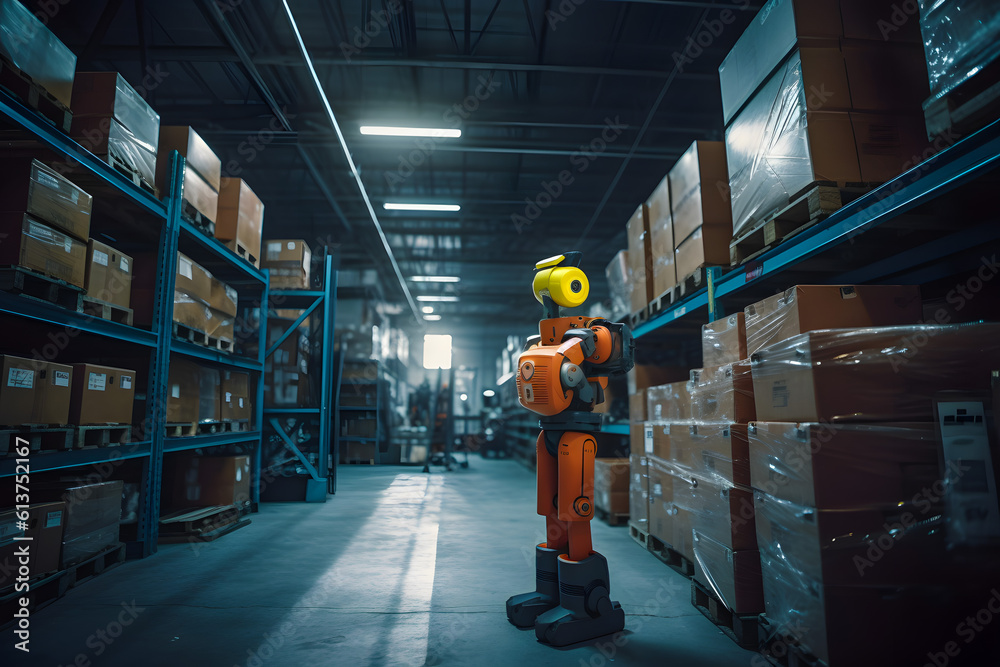 Automated modern retail warehouse robots transporting cardboard boxes ...