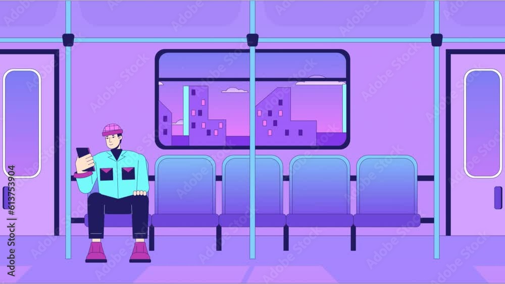 Commuter in train lo fi animation. Rapid transit. Young asian man ...