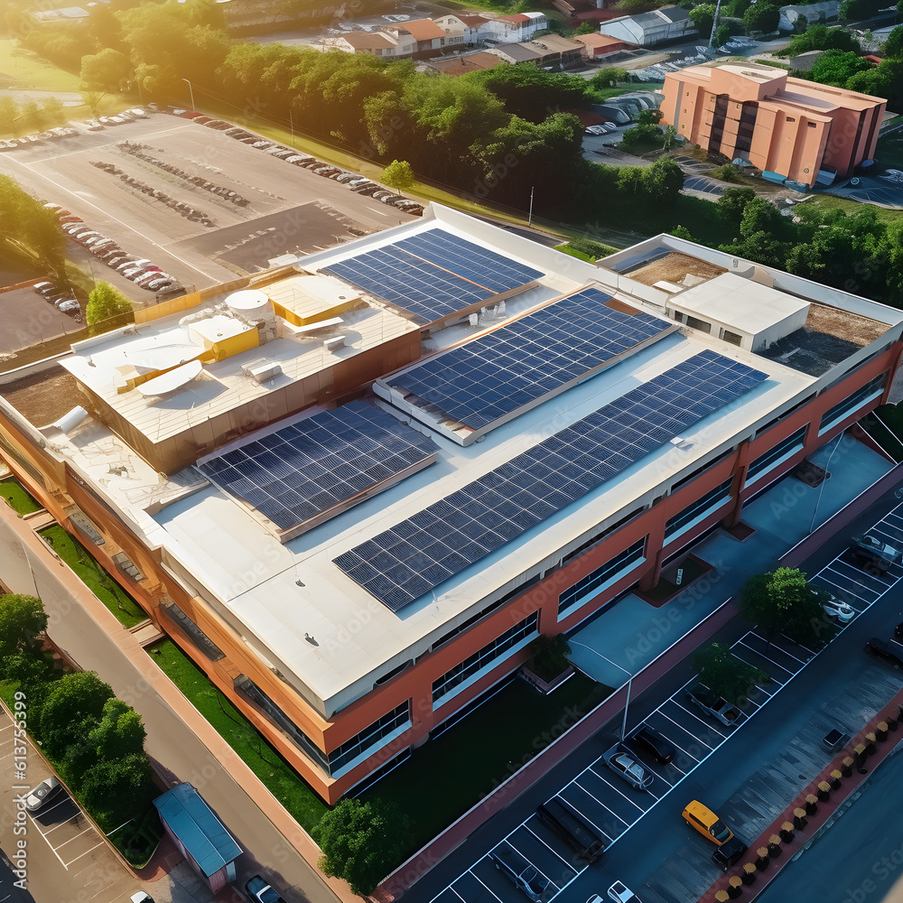 Aerial view of commercial building with large rooftop solar ...