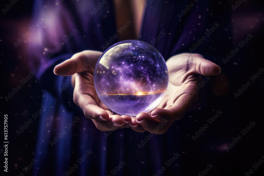 hands holding glowing sphere of light and space. Reading the future in ...