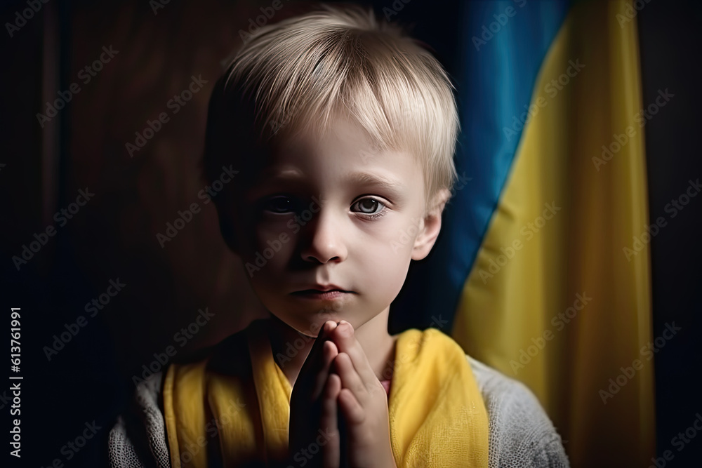 Sad blue-eyed boy in a white shirt praying with a Ukrainian flag around ...