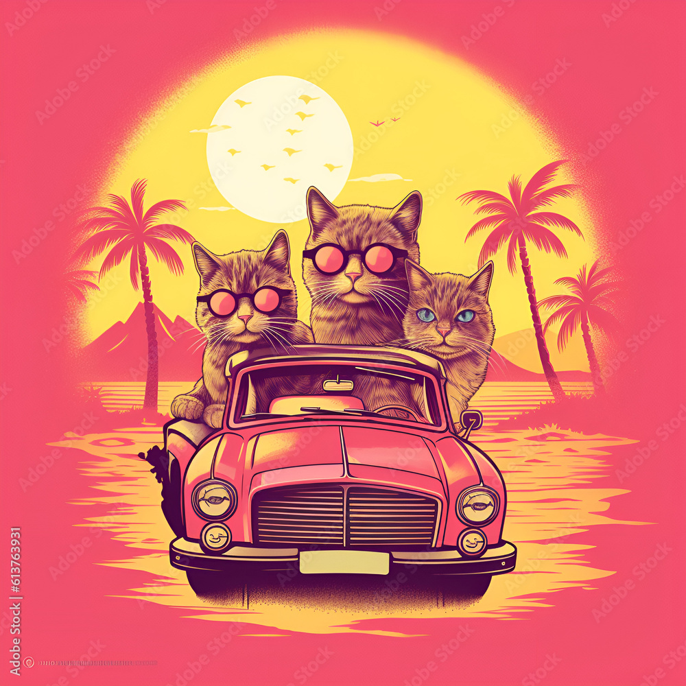 cat on the car retro illustration,two cats are inside a long shocking ...