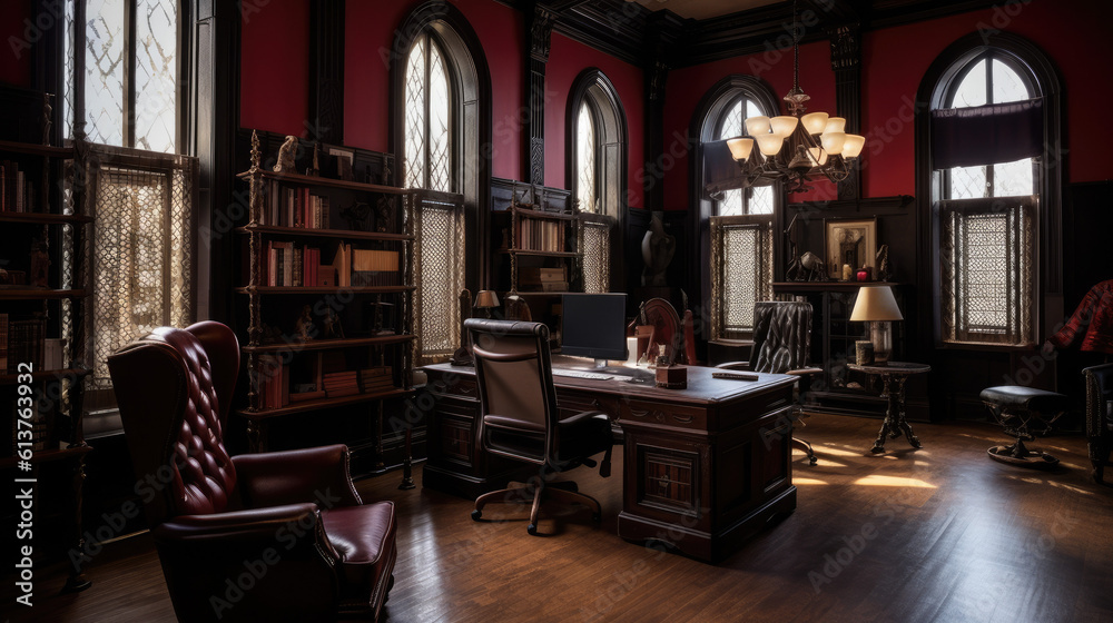 Elegant Neo-Gothic Study Room with Dark Woods and Rich Reds , Real Estate Photography Stock ...