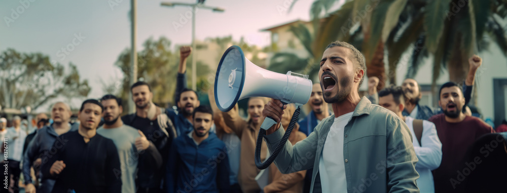 Arab Muslim man activist angry shouting for his cause among people ...