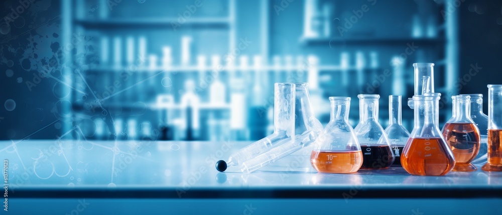 beaker and flask in science laboratory with chemical structure blue ...