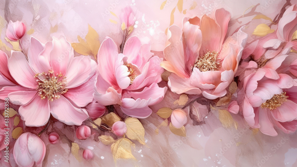 Watercolor pink gold flower abstract mural, peonies, tulips, rose ...