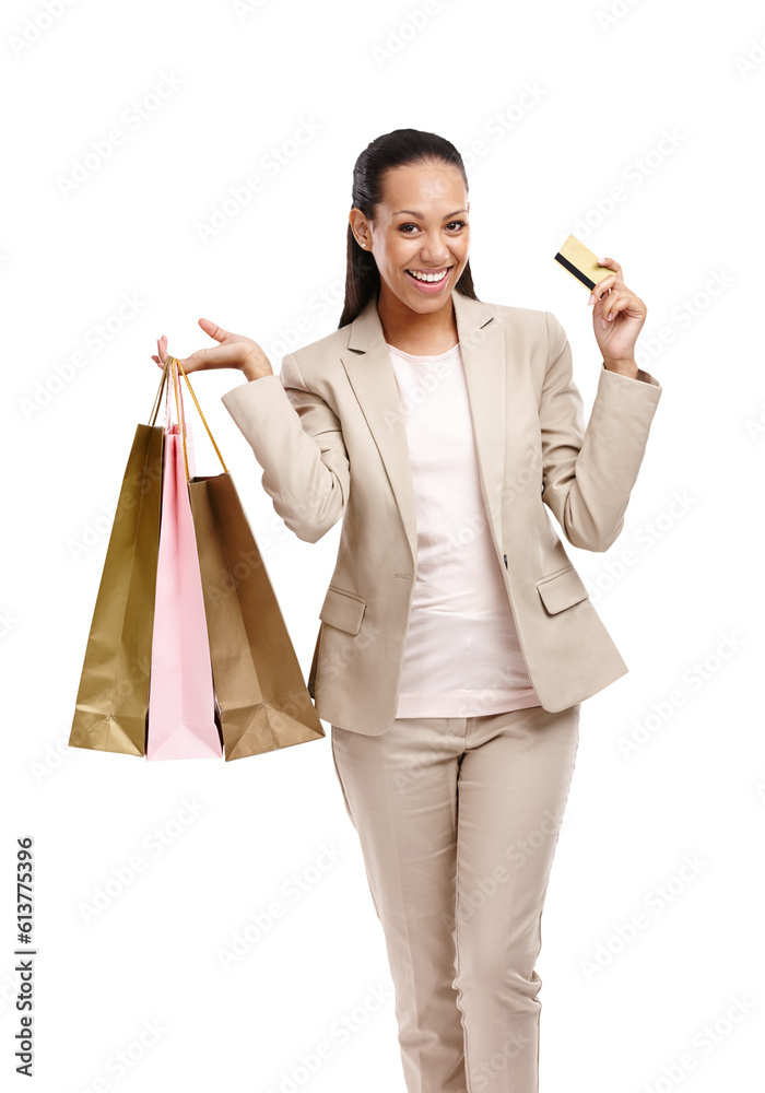 Professional woman, shopping bag and credit card in portrait with ...