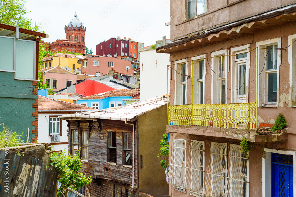 Street view of small streets and alley in Istanbul Balat district with ...