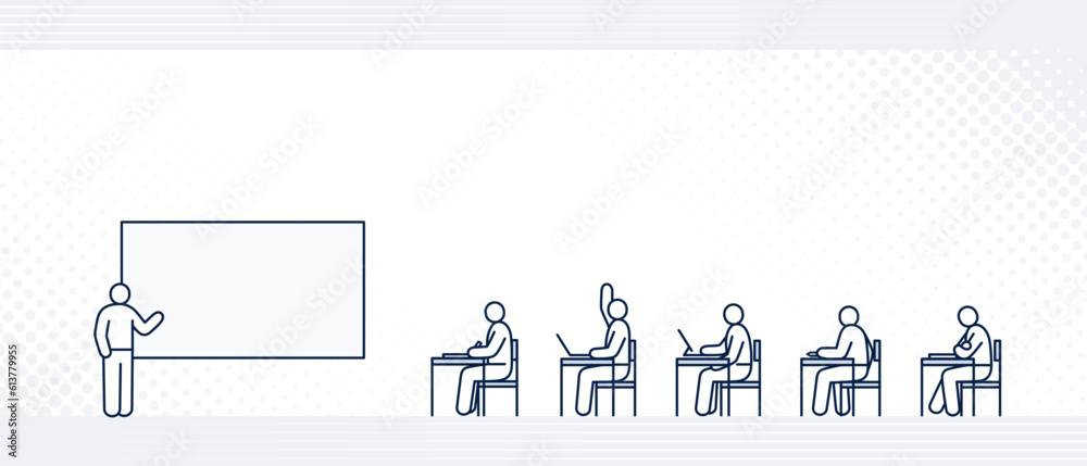 teacher teaching in front of sitting side view students in the ...